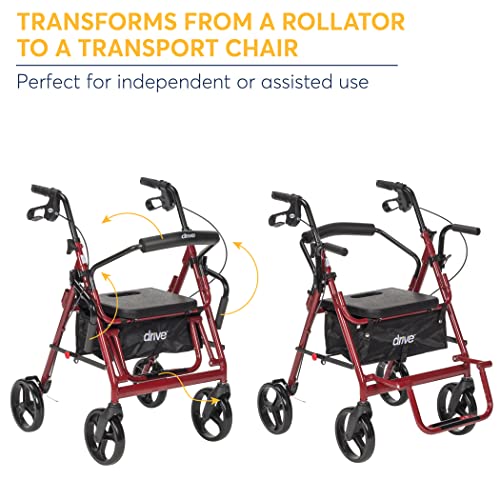 Drive Medical 795BU Duet Folding Transport Wheelchair and Rollator Walker, Burgundy