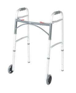 drive medical 10210-1 2-button folding walker with wheels, rolling walker, front wheel walker, lightweight walkers for seniors and adults weighing up to 350 pounds, adjustable height, silver