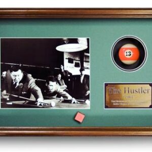 The Hustler Billiard Movie Memorabilia Game Room Decor Framed Photo, Plate, Real Pool Ball, Chalk Custom Made Real Wood Dark Walnut Shadowbox Frame (21 1/4 x 13 1/4")