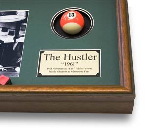 The Hustler Billiard Movie Memorabilia Game Room Decor Framed Photo, Plate, Real Pool Ball, Chalk Custom Made Real Wood Dark Walnut Shadowbox Frame (21 1/4 x 13 1/4")