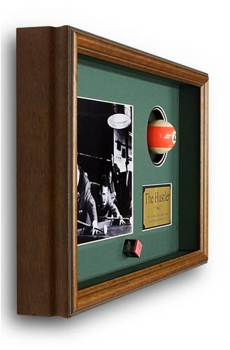 The Hustler Billiard Movie Memorabilia Game Room Decor Framed Photo, Plate, Real Pool Ball, Chalk Custom Made Real Wood Dark Walnut Shadowbox Frame (21 1/4 x 13 1/4")