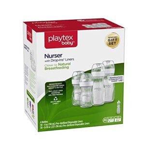 playtex baby nurser bottle gift set, with pre-sterilized disposable drop-ins liners, closer to breastfeeding