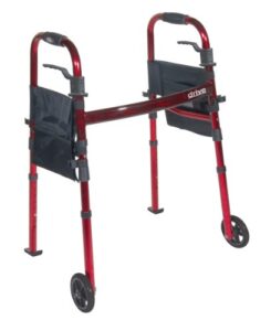 drive medical deluxe portable folding travel walker with 5" wheels and fold up legs, red