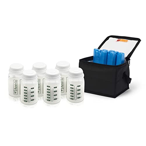 Ameda MYA Cool N Carry Breast Milk Storage System | Includes Insulated Nylon Carry Bag, 3 Freezer Packs, 6 4oz. Bottles with 2-Piece Lock-Tight Caps