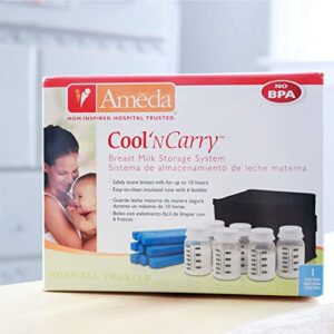 Ameda MYA Cool N Carry Breast Milk Storage System | Includes Insulated Nylon Carry Bag, 3 Freezer Packs, 6 4oz. Bottles with 2-Piece Lock-Tight Caps