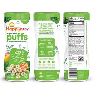 Happy Baby Organic Superfood Puffs Apple & Broccoli, 2.1 Ounce Canister Organic Baby or Toddler Snacks, Crunchy Fruit & Veggie Snack, Choline to Support Brain & Eye Health