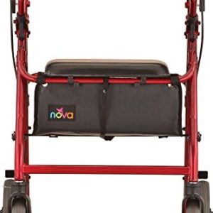 NOVA Zoom Rollator Walker with 22” Seat Height, Rolling Walker with Locking Hand Brakes, Padded Seat and 8” Wheels, Color Red