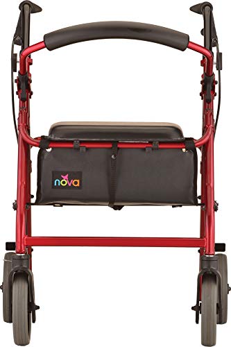 NOVA Zoom Rollator Walker with 22” Seat Height, Rolling Walker with Locking Hand Brakes, Padded Seat and 8” Wheels, Color Red