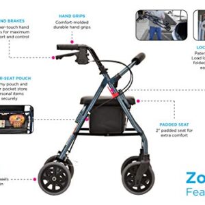 NOVA Zoom Rollator Walker with 22” Seat Height, Rolling Walker with Locking Hand Brakes, Padded Seat and 8” Wheels, Color Red