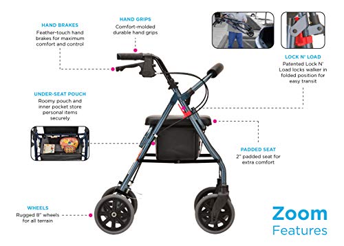 NOVA Zoom Rollator Walker with 22” Seat Height, Rolling Walker with Locking Hand Brakes, Padded Seat and 8” Wheels, Color Red