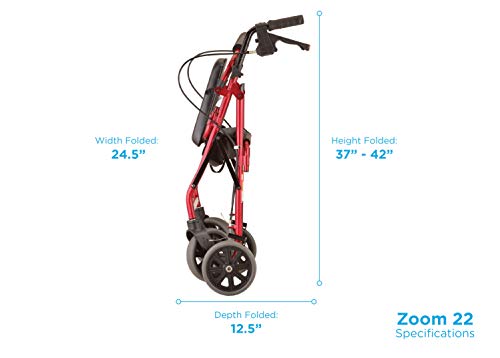 NOVA Zoom Rollator Walker with 22” Seat Height, Rolling Walker with Locking Hand Brakes, Padded Seat and 8” Wheels, Color Red