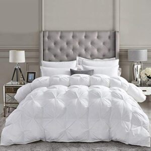 luxurious all-season goose down feather fiber comforter king size duvet insert, exquisite pinch pleat design, premium baffle box, 100% egyptian cotton cover, 65 oz. fill weight, white