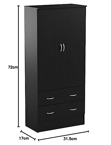 HODEDAH IMPORT Two Door Wardrobe, with Two Drawers, and Hanging Rod, Black