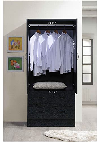 HODEDAH IMPORT Two Door Wardrobe, with Two Drawers, and Hanging Rod, Black