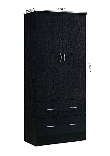 HODEDAH IMPORT Two Door Wardrobe, with Two Drawers, and Hanging Rod, Black