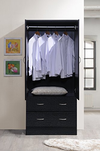 HODEDAH IMPORT Two Door Wardrobe, with Two Drawers, and Hanging Rod, Black