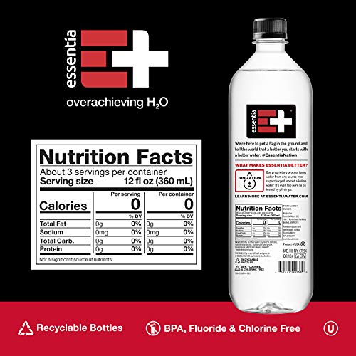 Essentia Bottled Water, 1 Liter, 12-Pack, Ionized Alkaline Water:99.9% Pure, Infused With Electrolytes, 9.5 pH Or Higher With A Clean, Smooth Taste