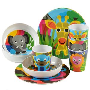 French Bull 4pc Toddler Kids Feeding Melamine Tableware Flatware BPA Free Dishwasher Safe, Durable Plate, Cup, Bowl, Divided Tray Dinnerware Set, 4 Count (Pack of 1), Jungle