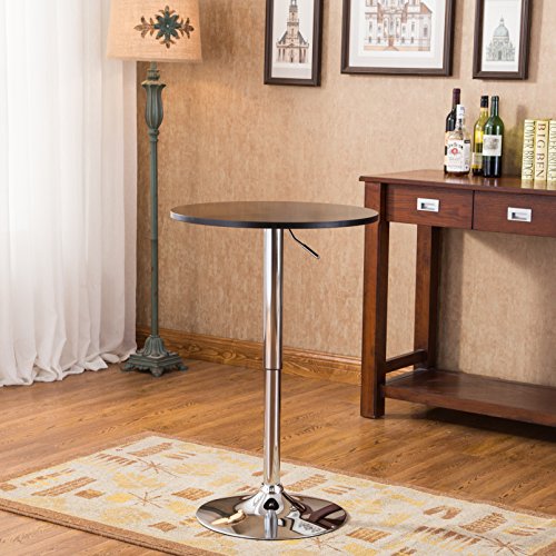 Roundhill Furniture Adjustable Height Wood and Chrome Metal Bar Table, Black