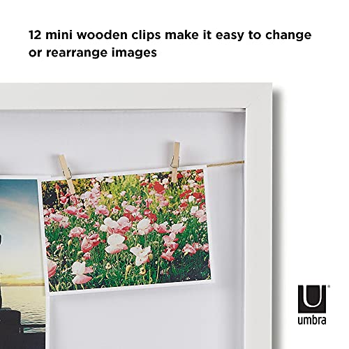 Umbra Clothesline, Picture Hanging Wire/Clothespin Photo Display, White Wood Finish 17 by 20 by 1-inch