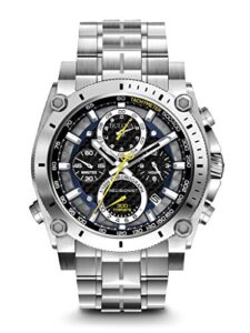 bulova men's precisionist in stainless steel with 8-hand chronograph watch, blue and yellow accents, black dial style: 96b175