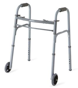 medline junior two-button folding walker with 5" wheels, for users 4'6" to 5'5"