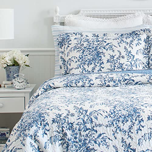 Laura Ashley Home - Queen Quilt Set, Reversible Cotton Bedding with Matching Shams, Lightweight Home Decor for All Seasons (Bedford Delft Blue, Queen)