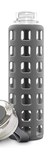 Ello Syndicate Glass Water Bottle with One-Touch Flip Lid, Grey , 20-ounce