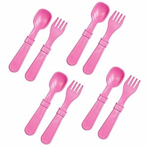 re play made in usa 8pk toddler feeding utensils spoon and fork set, made from bpa free environmentally friendly recycled milk jugs, dishwasher safe, bright pink (without carrying case)