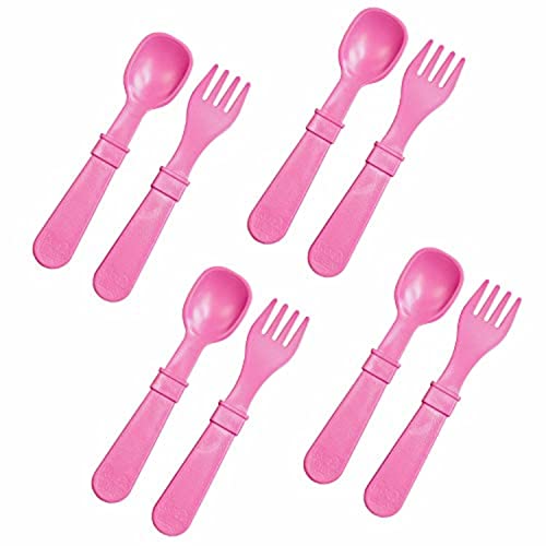 Re Play Made in USA 8pk Toddler Feeding Utensils Spoon and Fork Set, Made from BPA Free Environmentally Friendly Recycled Milk Jugs, Dishwasher Safe, Bright Pink (Without Carrying Case)