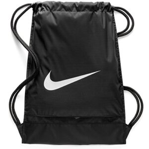 nike brasilia training gymsack, drawstring backpack with zippered sides, water-resistant bag, black/black/white