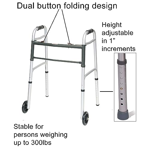 ProBasics Aluminum Lightweight Walker With Wheels, Walker for Seniors, Lightweight Adult Walker with 5" Wheels, Foldable Two-Button Release Walker, 300lbs Weight Capacity