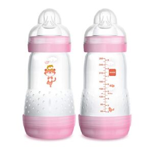 mam easy start anti-colic bottle, baby essentials, medium flow bottles with silicone nipple, baby bottles for baby girl, designs may vary, 9oz (pack of 2)