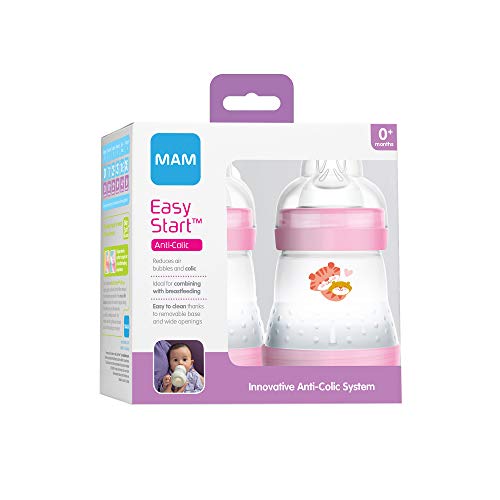 MAM Easy Start Anti Colic 5 oz Baby Bottle, Easy Switch Between Breast and Bottle, Reduces Air Bubbles, 2 Pack, Newborn, Girl