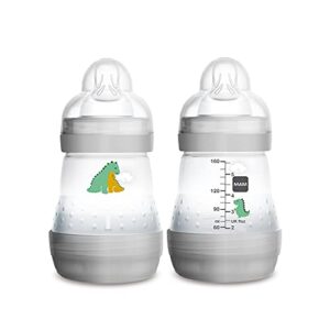 mam easy start anti-colic newborn essentials, slow flow bottles with silicone nipple, unisex, designs may vary, 5 oz, 2 count (pack of 1)