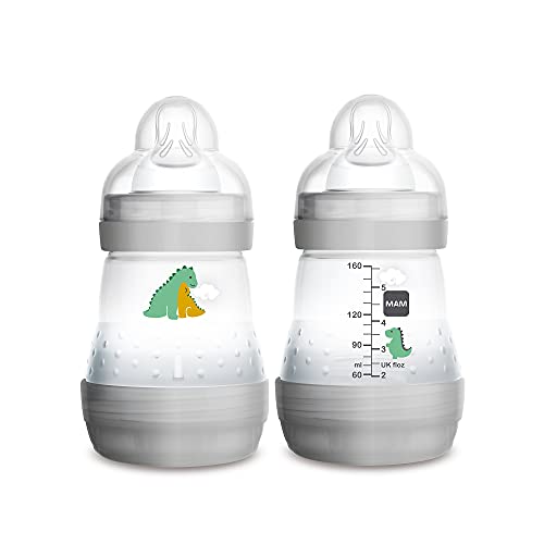 MAM Easy Start Anti-Colic Newborn Essentials, Slow Flow Bottles with Silicone Nipple, Unisex, Designs May Vary, 5 Oz, 2 Count (Pack of 1)