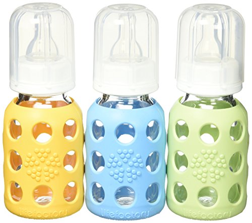 Lifefactory Glass Baby Bottle with Silicone Sleeve 4 Ounce - 3 Pack (Green/Ye...