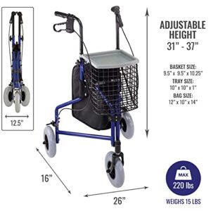 DMI Folding Rollator Walker with Swiveling Front Wheels, FSA HSA Eligible, 3 Wheel, Aluminum Light-Weight, Detachable Storage Tray, Royal Blue