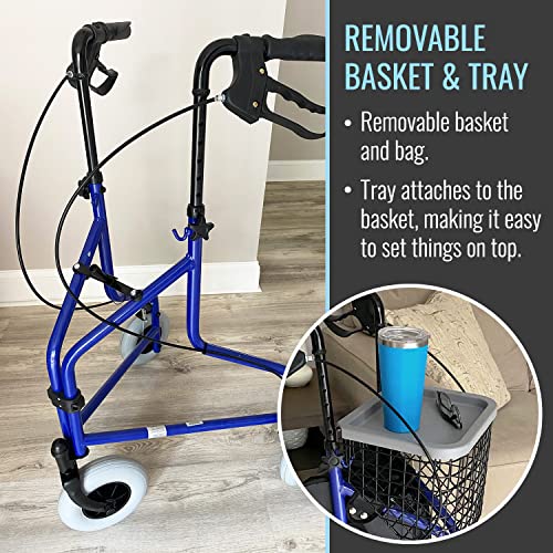 DMI Folding Rollator Walker with Swiveling Front Wheels, FSA HSA Eligible, 3 Wheel, Aluminum Light-Weight, Detachable Storage Tray, Royal Blue