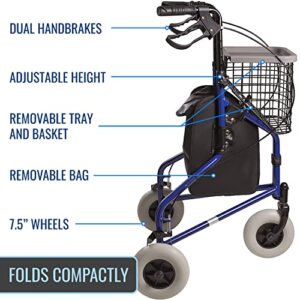 DMI Folding Rollator Walker with Swiveling Front Wheels, FSA HSA Eligible, 3 Wheel, Aluminum Light-Weight, Detachable Storage Tray, Royal Blue