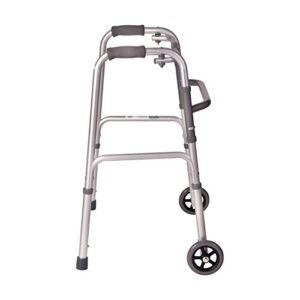 DMI Lightweight Aluminum Folding Walker with Single Release, 5 Inch Wheels, Adjustable Height, No Assembly Needed, Silver, 250 lb Weight Capacity