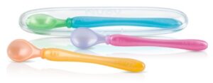 nuby 3-pack easy go spoons and travel case, colors may vary, 9 months plus