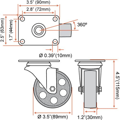 4 Pack Large Steel Swivel Caster Wheel Heavy Duty 3.5" Wheel (3.5" No Brake)