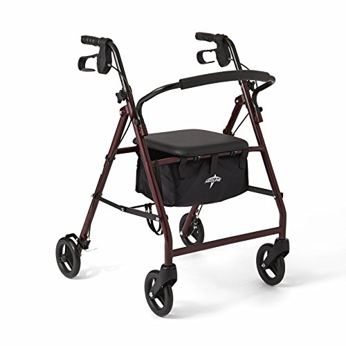 Medline Steel Foldable Adult Rollator Mobility Walker With 6” Wheels, Burgundy