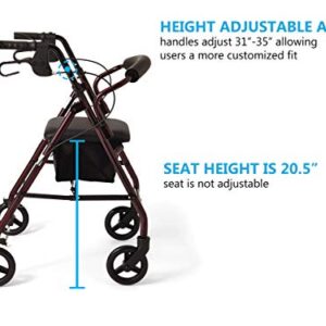 Medline Steel Foldable Adult Rollator Mobility Walker With 6” Wheels, Burgundy