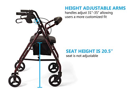 Medline Steel Foldable Adult Rollator Mobility Walker With 6” Wheels, Burgundy