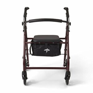 Medline Steel Foldable Adult Rollator Mobility Walker With 6” Wheels, Burgundy