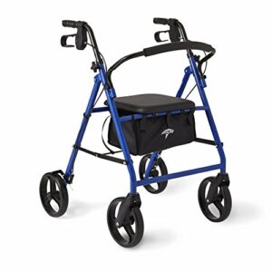 medline standard steel folding rollator walker with 8" wheels, supports up to 350 lbs, blue