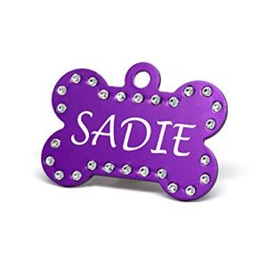 Custom Engraved Pet ID Tags with Swarovski Crystal - 1.5" Long x 1" Tall, Anodized Aluminum, Bone Shape, Purple