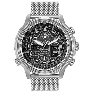 citizen men's promaster navihawk a-t eco-drive pilot watch, atomic timekeeping, chronograph, power reserve indicator, luminous hands and markers, anti-reflective crystal, stainless (model: jy8030-83e)